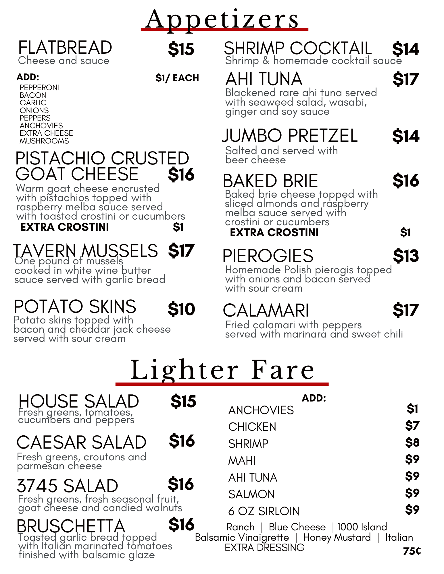 Menu – Lipinski's Tavern